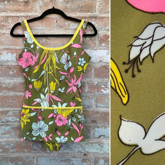 Vintage | Swim | Vintage Bathing Suit 6s Avocado Green Pink Floral Mcm ...